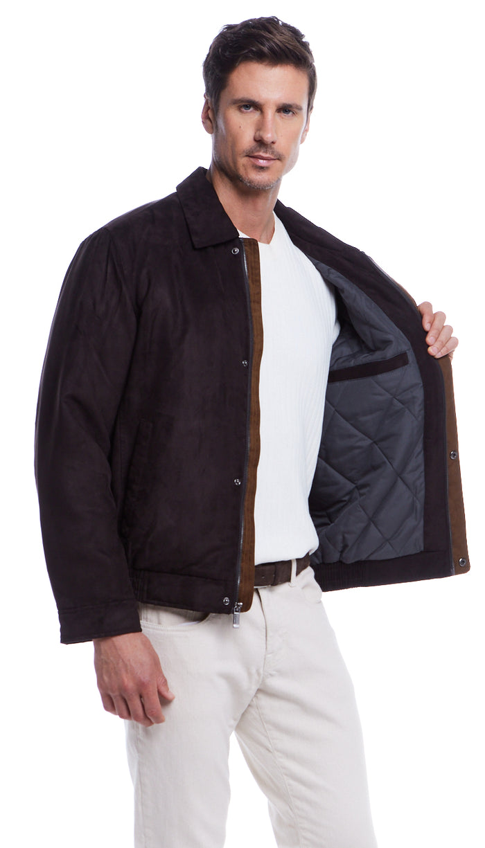 MICROSUEDE SHIRT COLLAR BOMBER JACKET