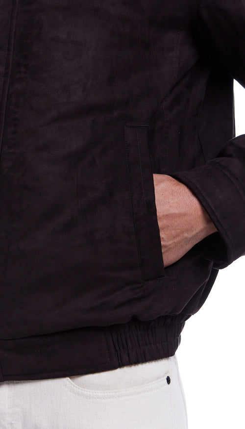 MICROSUEDE SHIRT COLLAR BOMBER JACKET